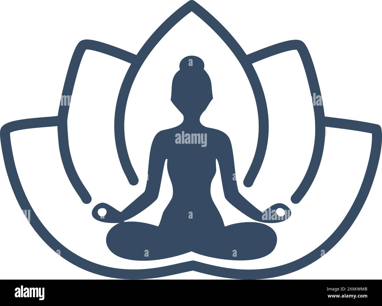Woman meditating lotus flower symbol. Silhouette of a woman in a meditation pose sitting on a ...