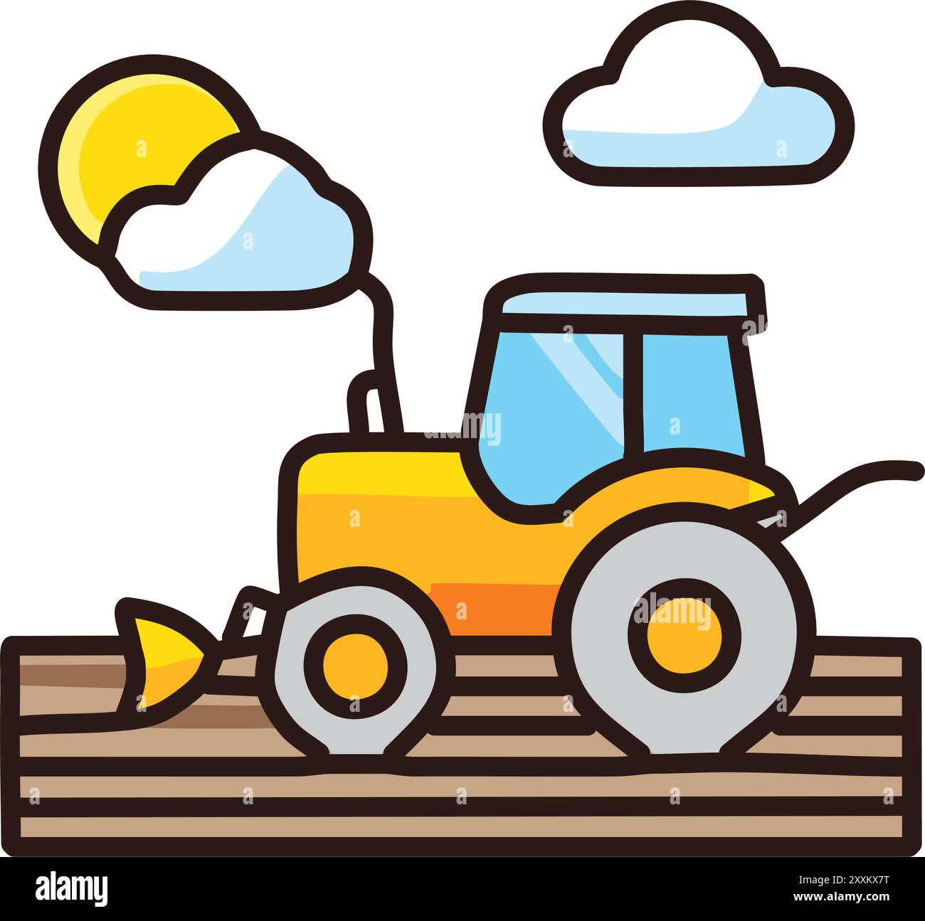 Tractor plowing field with sun and clouds. Illustration of a yellow ...