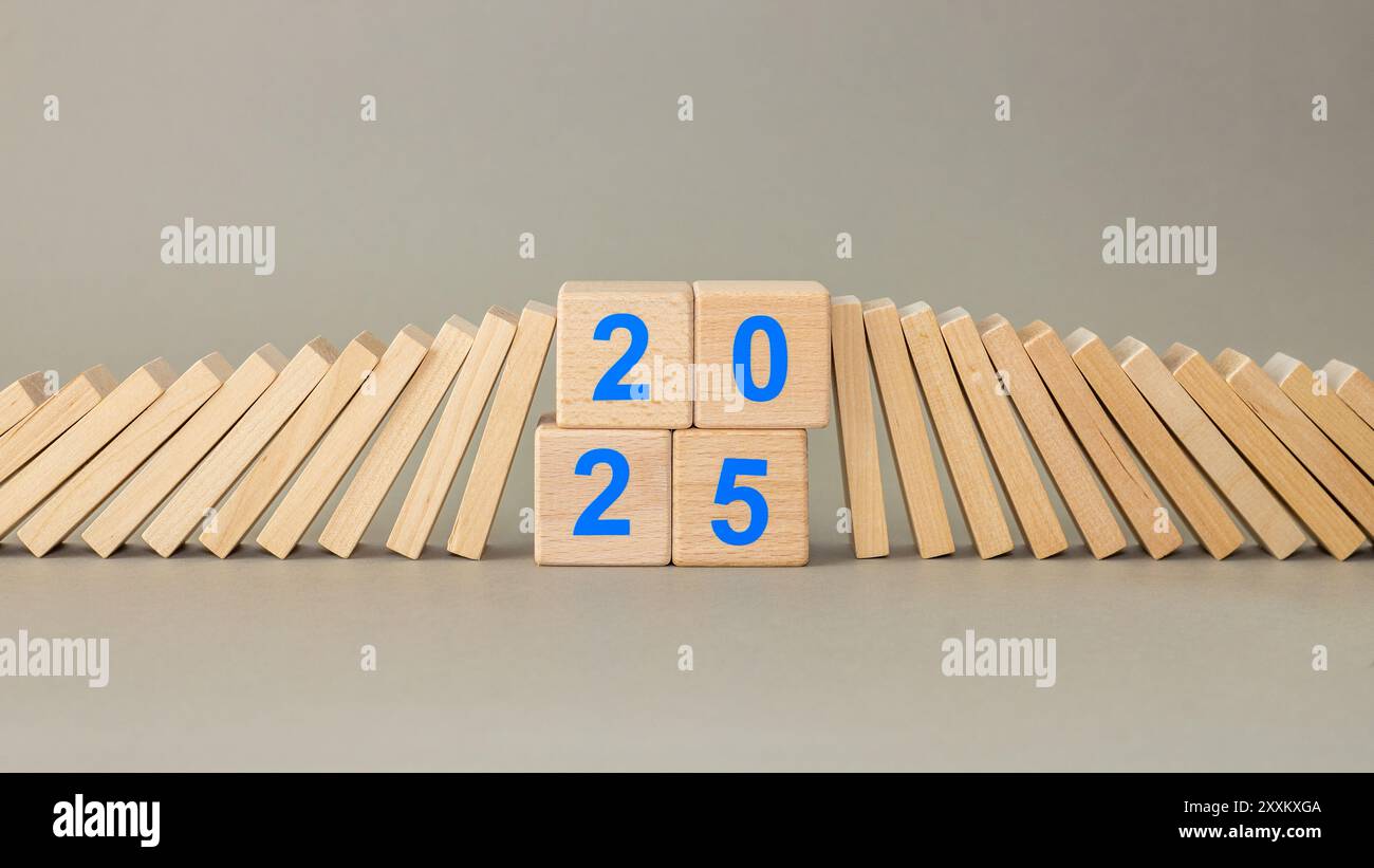 Year 2025. Stopping falling wooden blocks in 2025. Business concept ...