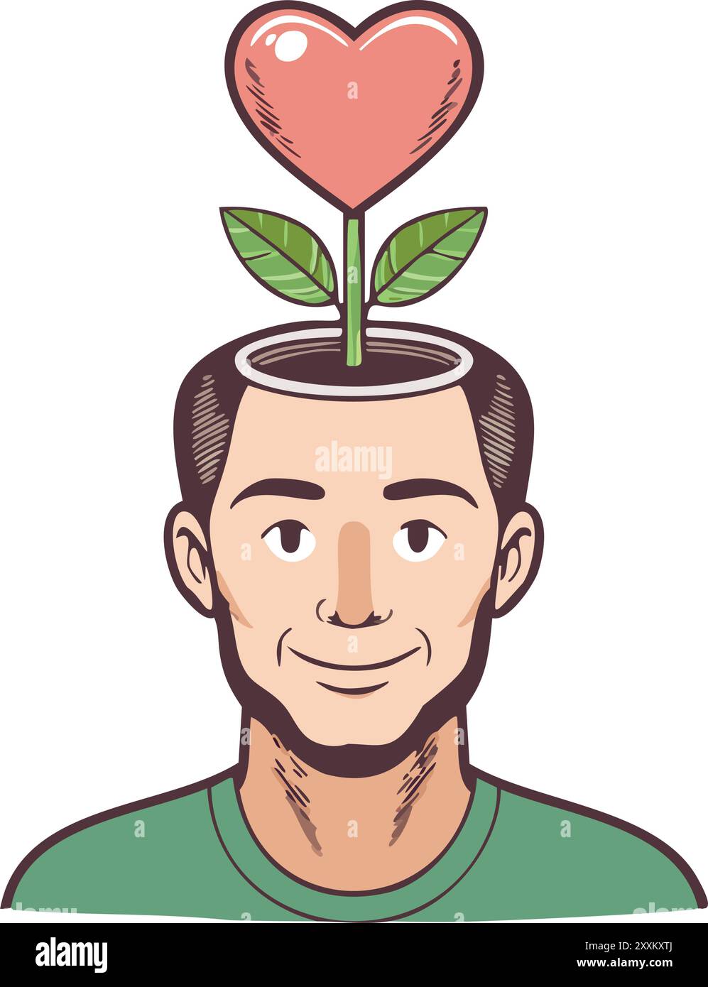 Man with heart plant growing from head. Illustration of a man with a ...