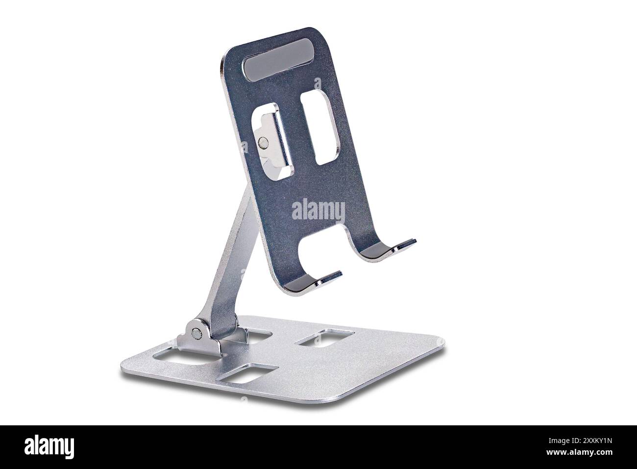 Metal alloy adjustable phone holder. Closeup view of new single metal ...