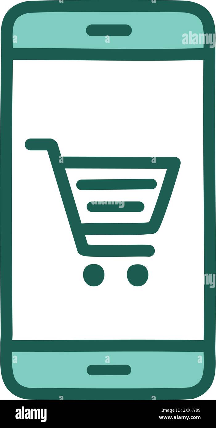 Mobile shopping cart icon. Green and white line art icon of a mobile ...