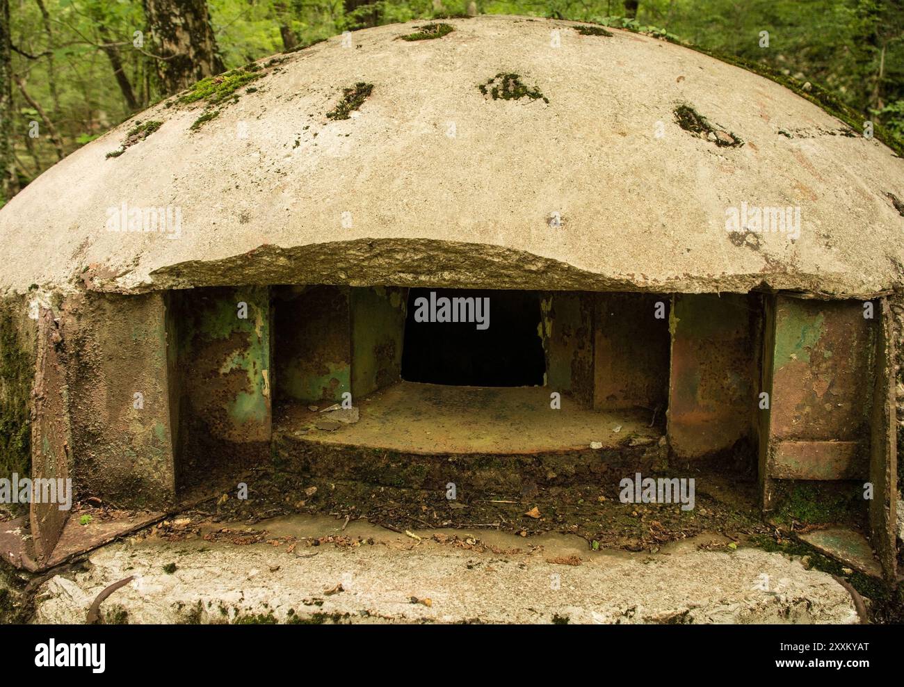 An abandoned pillbox bunker in the forest on Mount Dajti near Tirana in ...