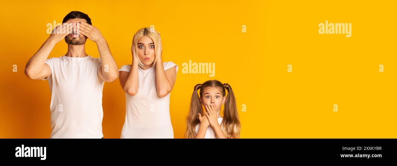 Family Expressing Surprise and Shock in Front of Yellow Background ...