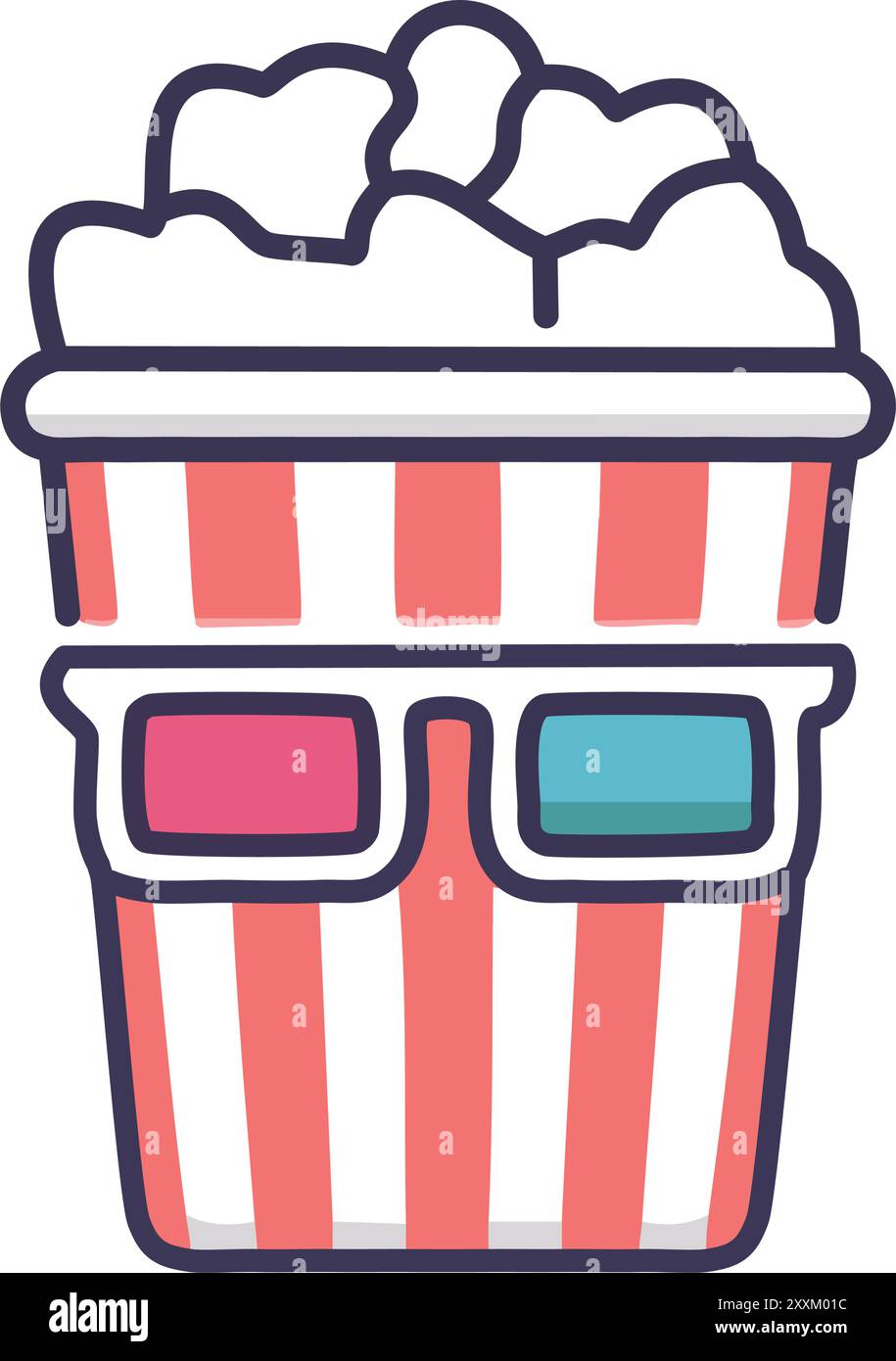 Popcorn and 3d glasses icon. Simple cartoon illustration of a popcorn bucket with 3D glasses ...