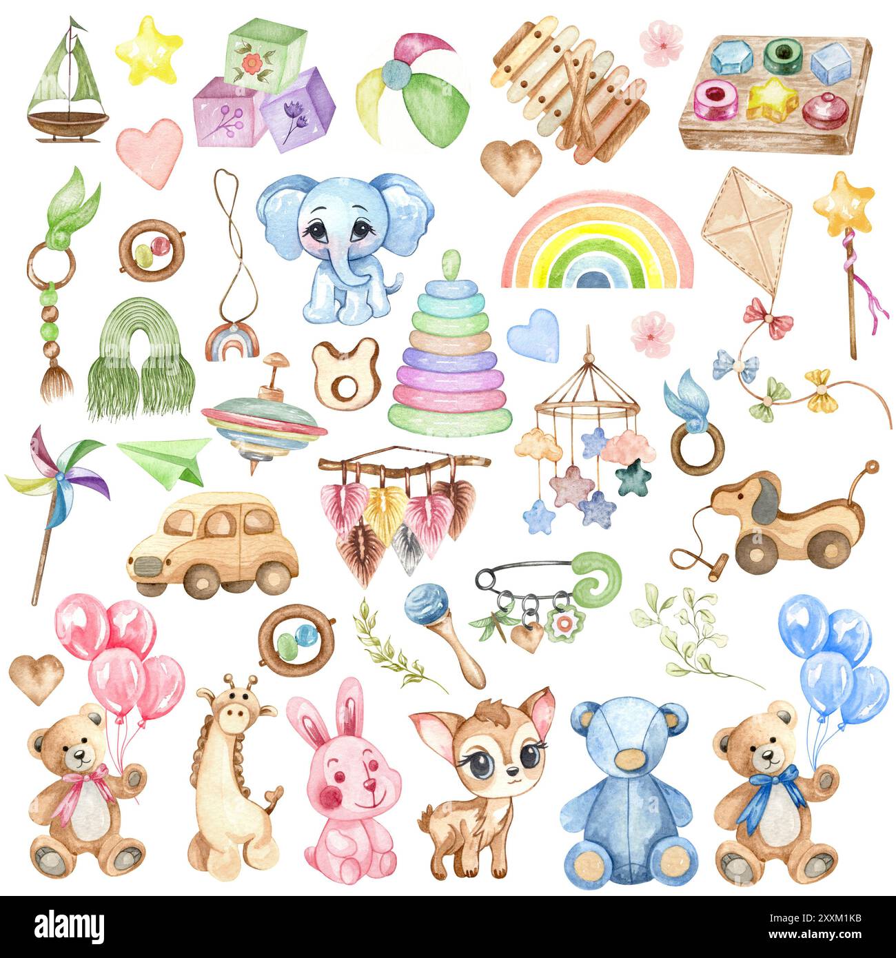 Watercolor Kids Toys Clipart. Wooden Toys Clipart. Baby Shower. Nursery ...