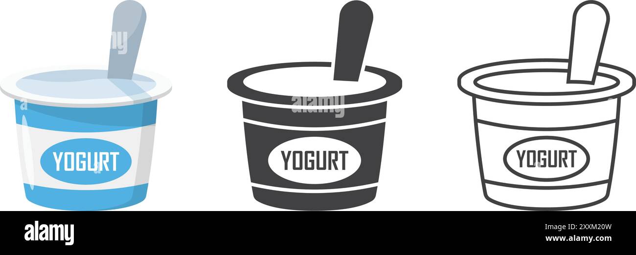 Yogurt container with a spoon icons set in flat style. Dairy product ...