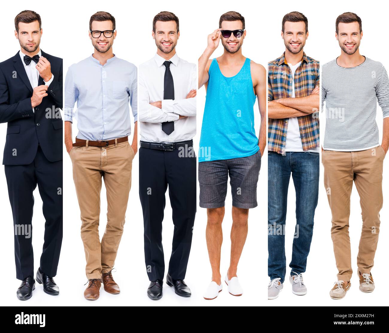 Looking perfect in any style. Collage of smiling young man wearing ...