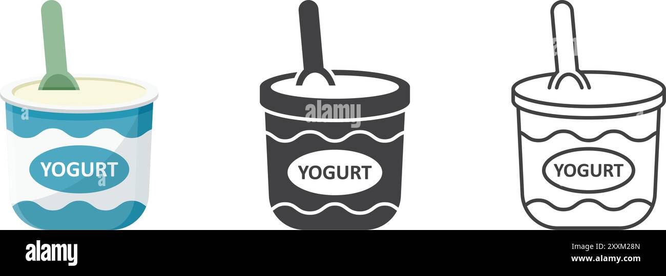 Yogurt container with a spoon icons set in flat style. Dairy product ...