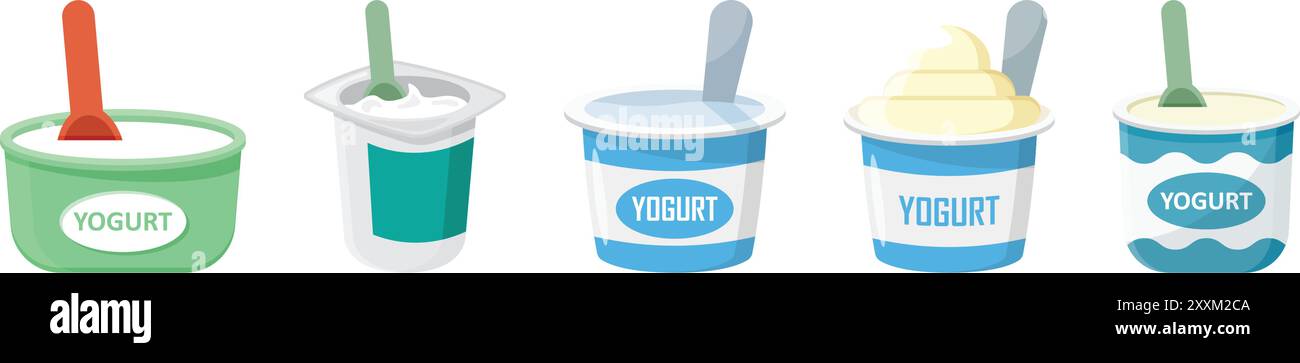 Yogurt container with a spoon icons set in flat style. Dairy product ...