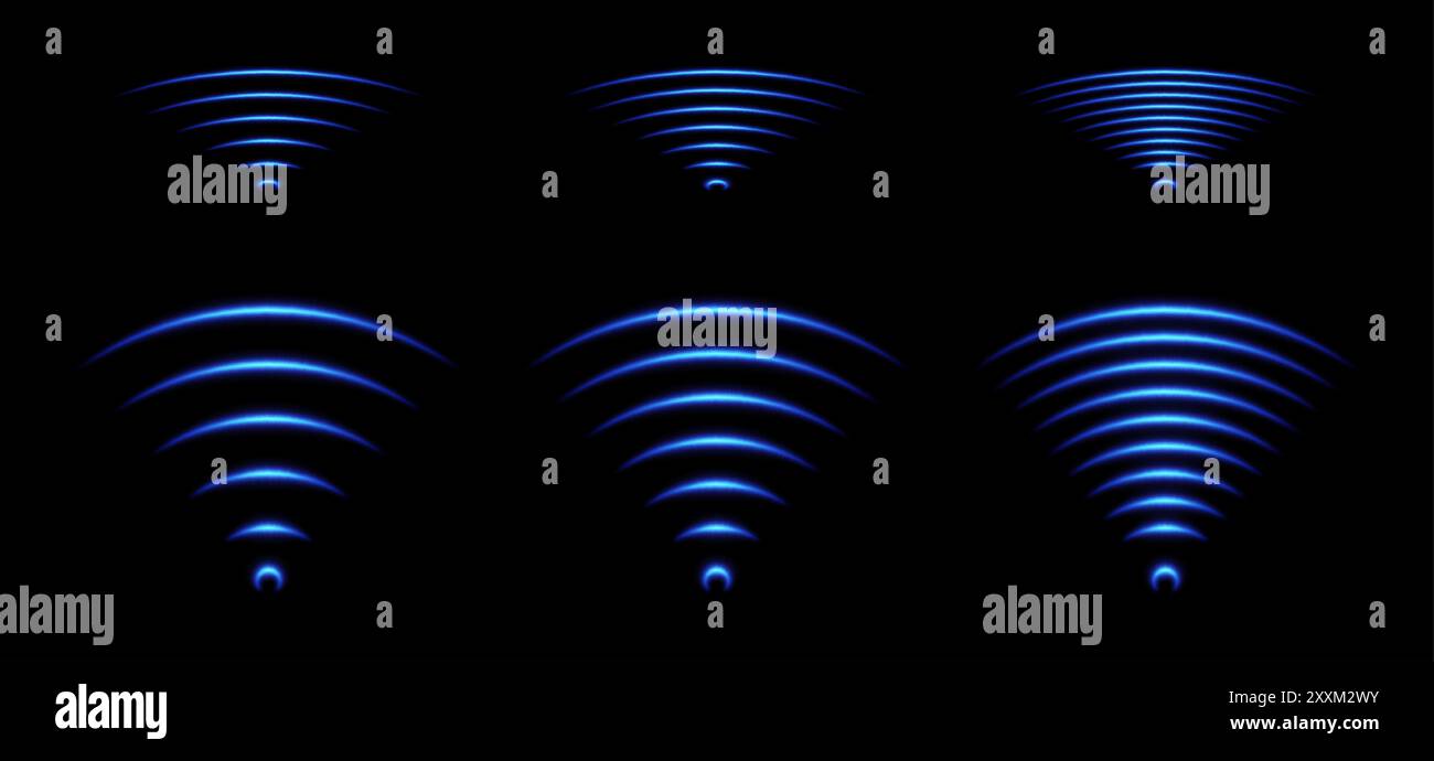 WiFi light effect, sound wave icons, radar signal concept. Blue ...