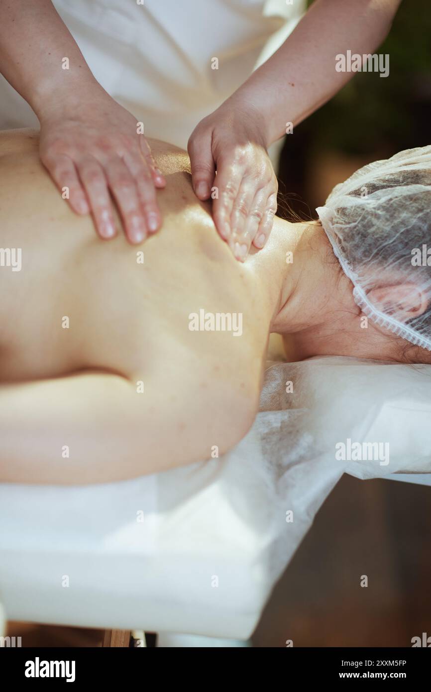 Healthcare time. Closeup on medical massage therapist in massage cabinet massaging client on ...