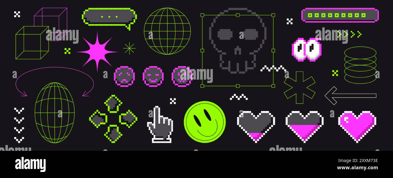 Y2k pixel art sticker set in 8bit retro style. Smile, eyes, lines, love ...