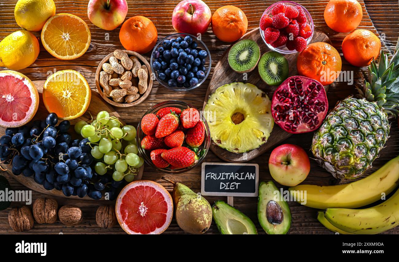 Food products representing the fruitarian diet. Fruitarianism Stock Photo - Alamy