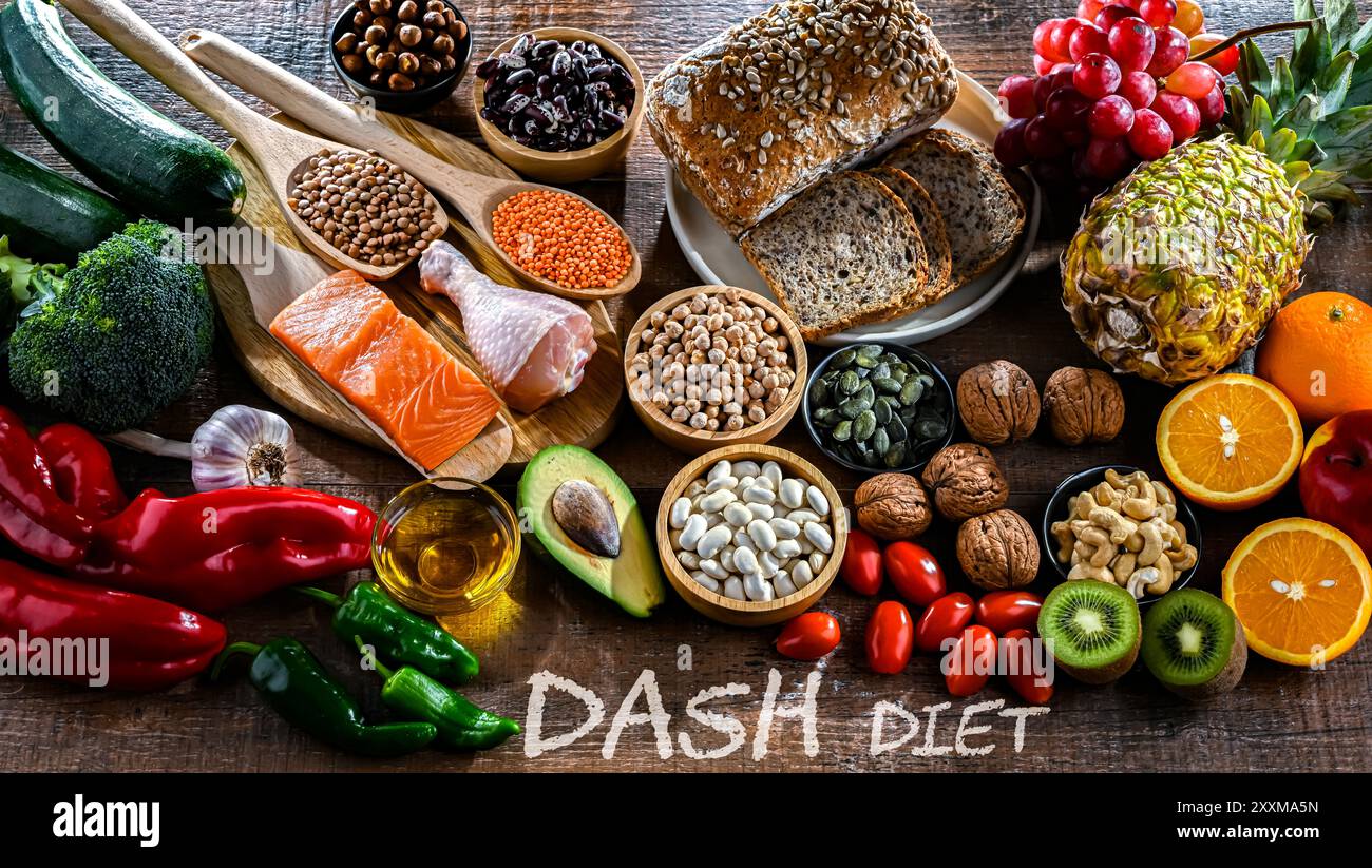 Food products representing the DASH diet which was created to help ...
