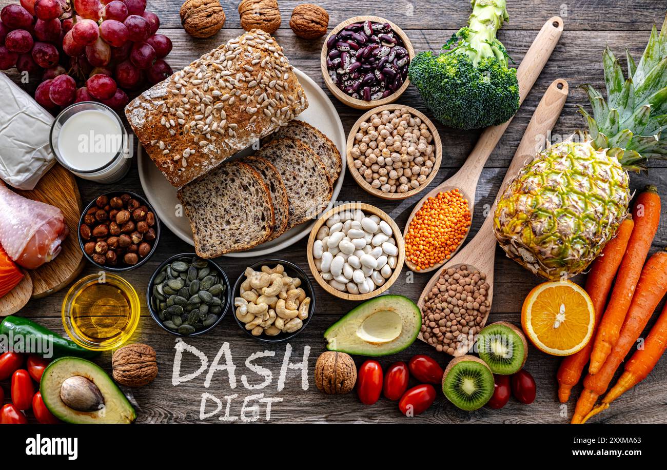 Food products representing the DASH diet which was created to help ...