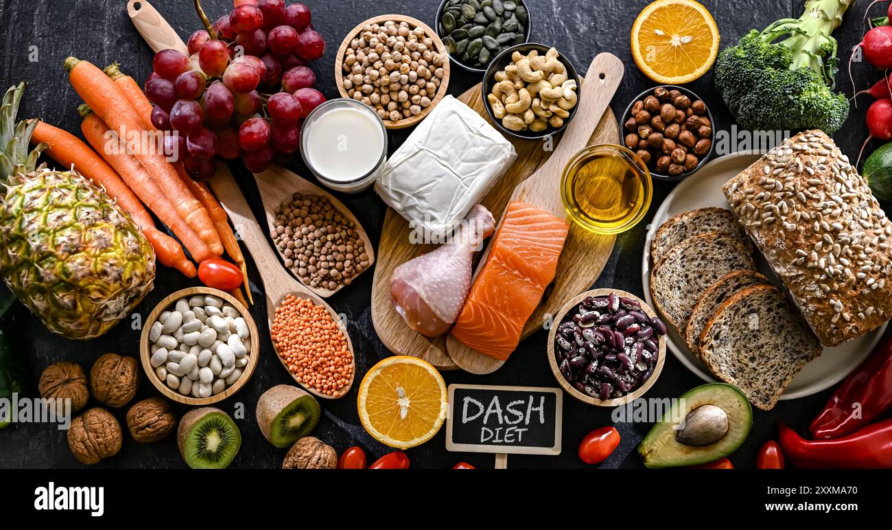 Food products representing the DASH diet which was created to help ...