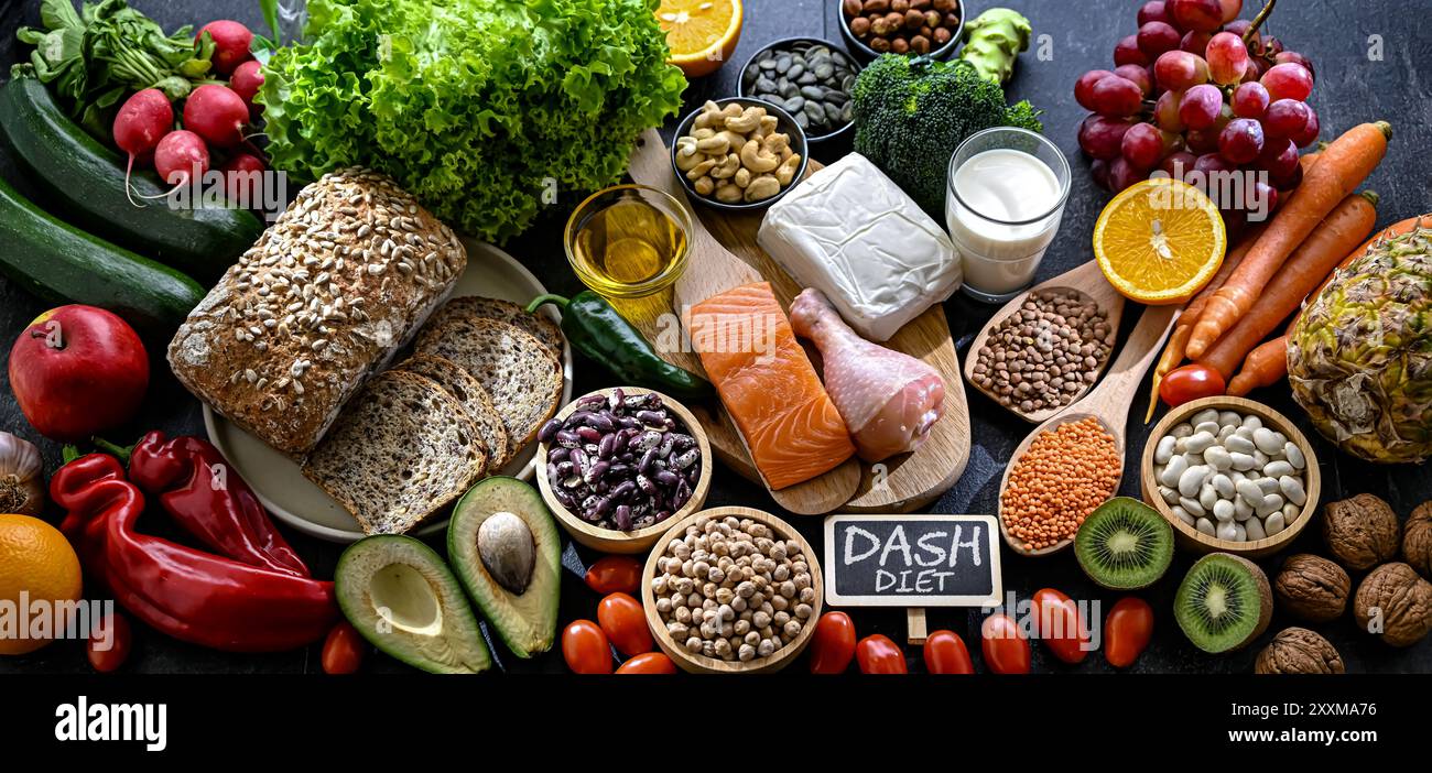 Food products representing the DASH diet which was created to help ...