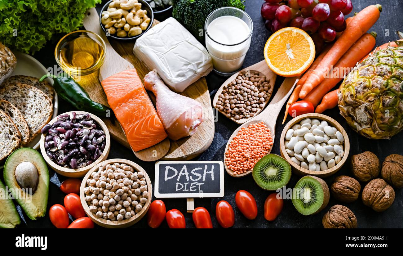 Food products representing the DASH diet which was created to help ...