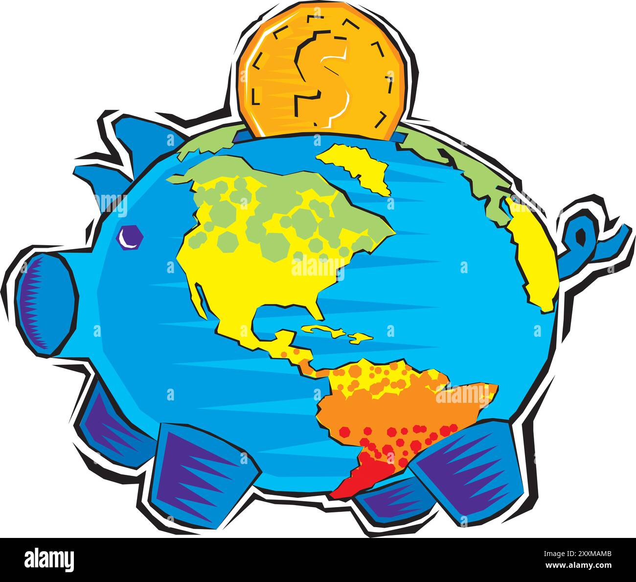 Piggy Bank with World Map Symbol of Global Economy Vector Cartoon with ...