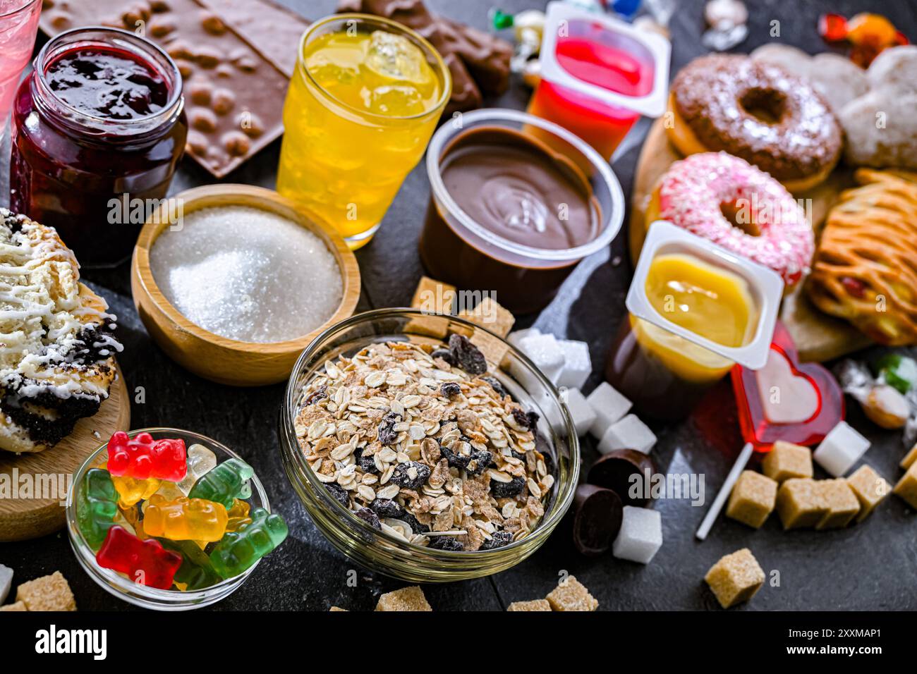 Food products containing a significant amount of sugar. Junk food Stock ...