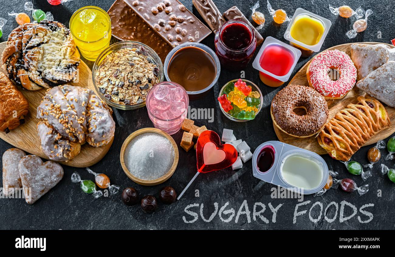 Food products containing a significant amount of sugar. Junk food Stock ...