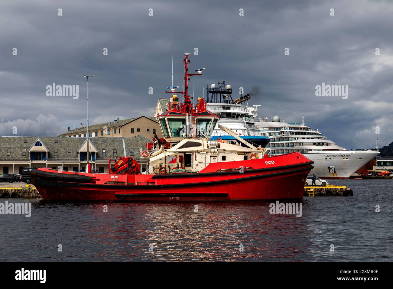Tug boat Bob moored at Tollboden quay, in the port of Bergen, Norway ...