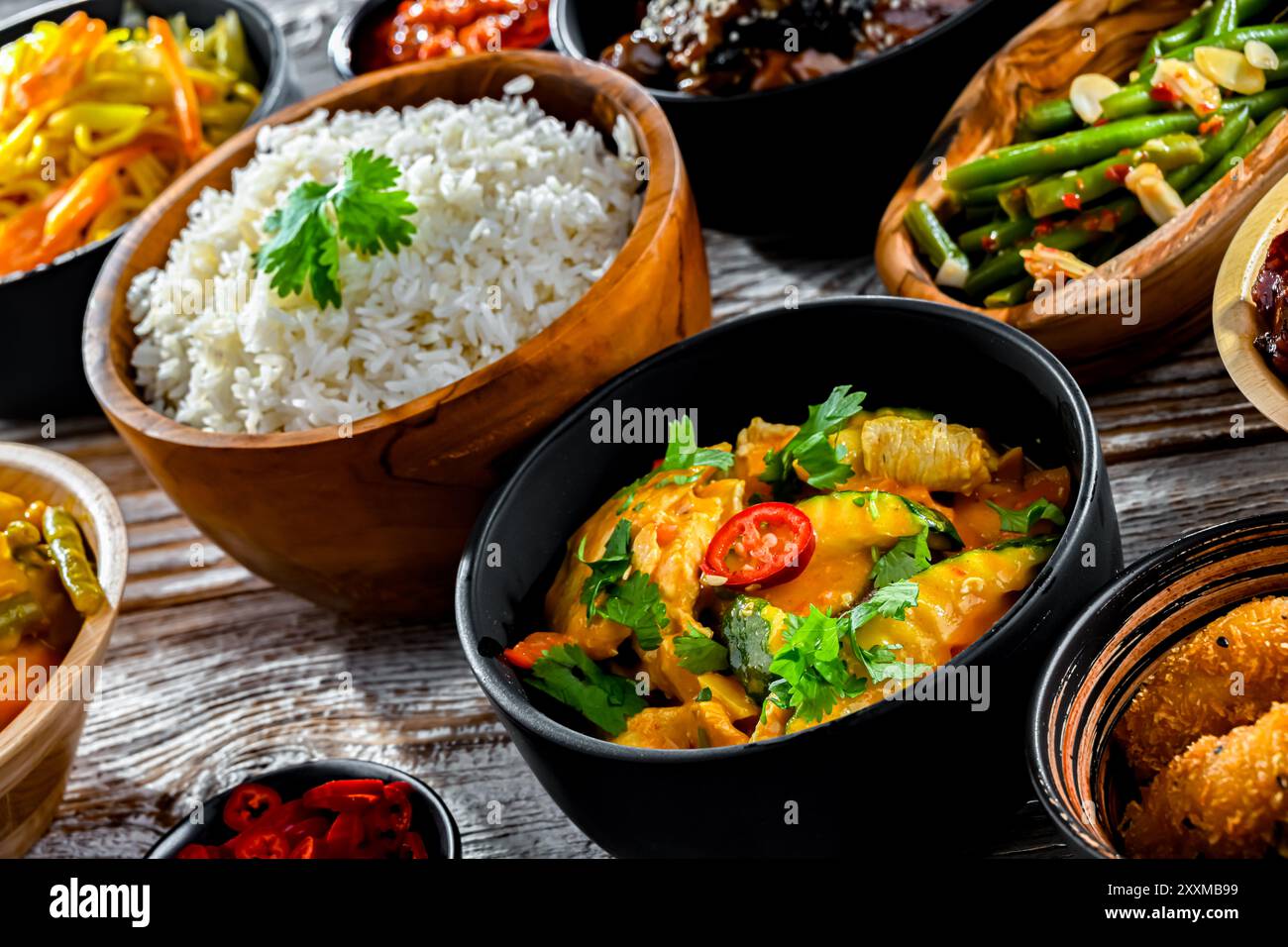 Composition with variety of east asian dishes Stock Photo - Alamy