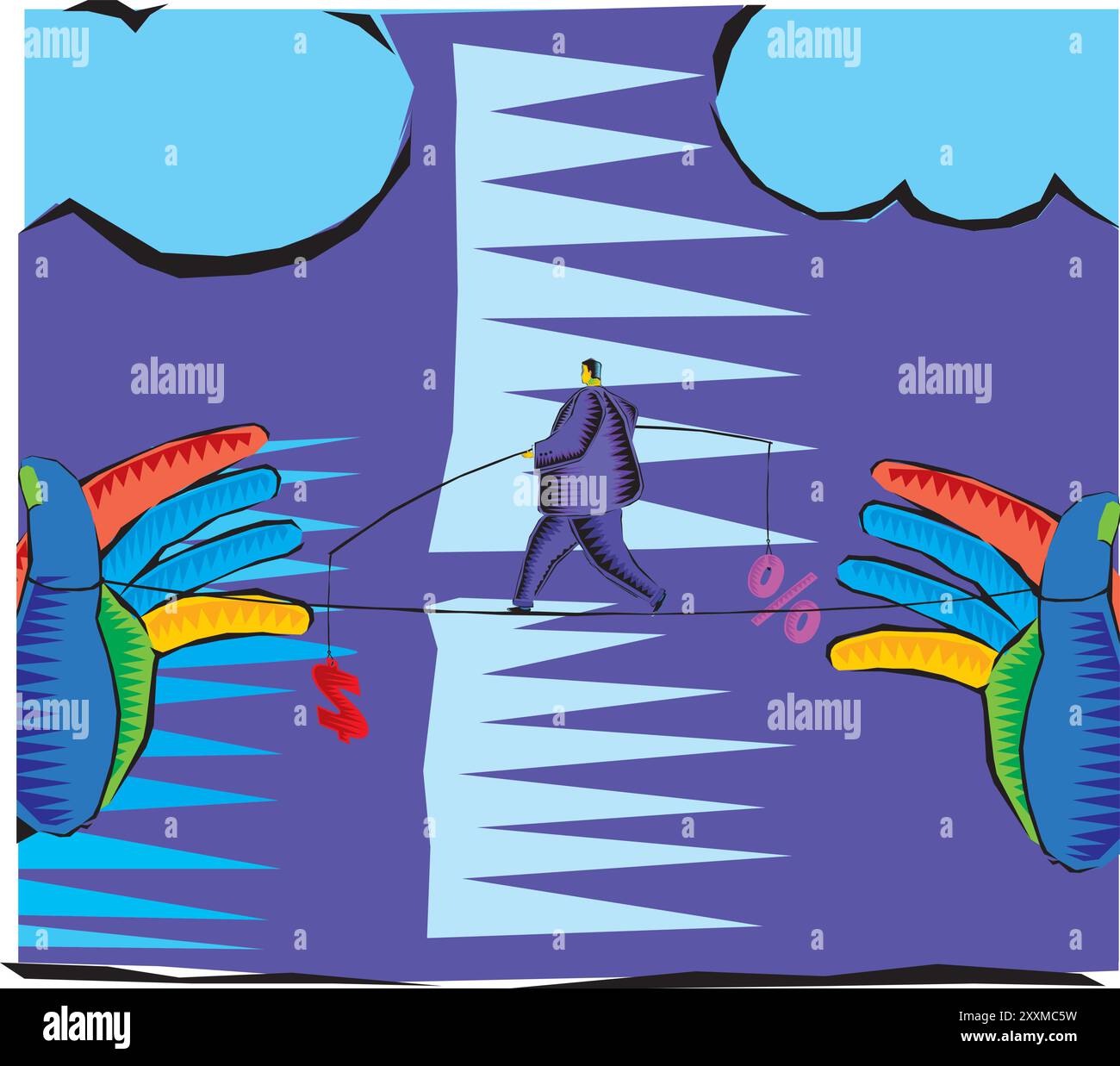 Businessman walking on rope, tightrope as a symbol of business risk ...