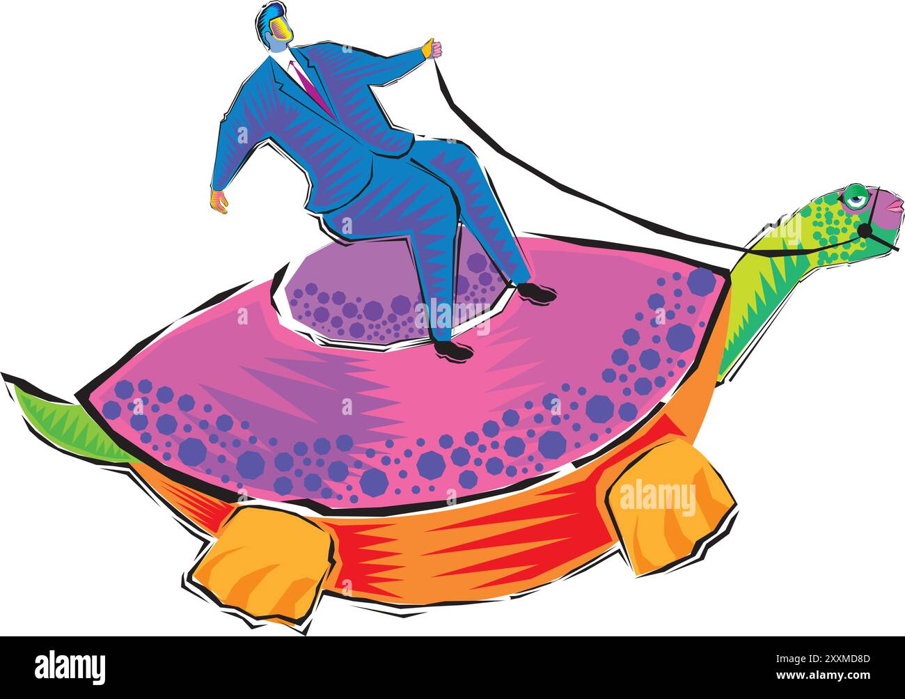 Character flat drawing of young businessman riding huge turtle. Slow ...