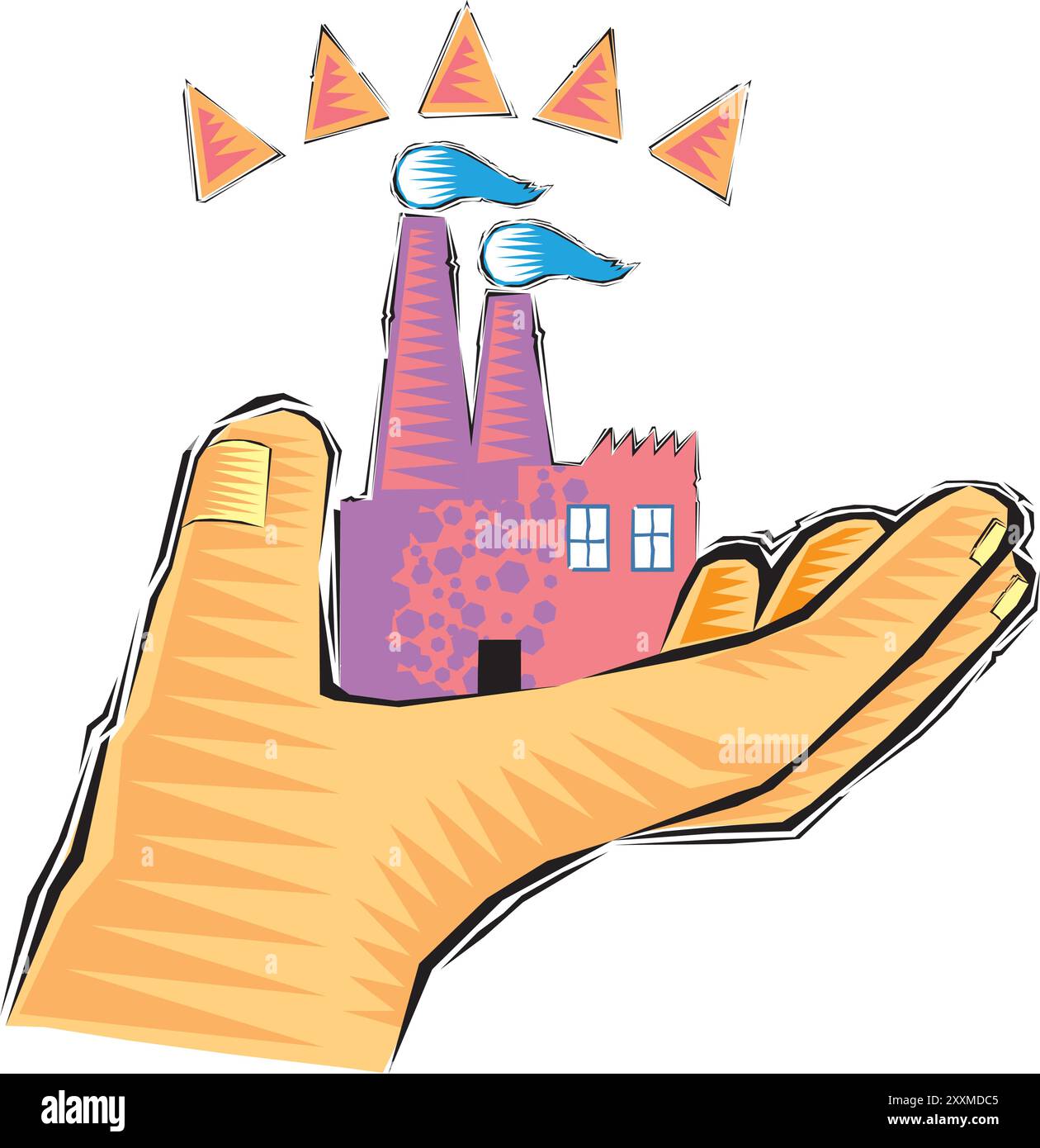 hand holding a factory on top of palms controlling the business design ...