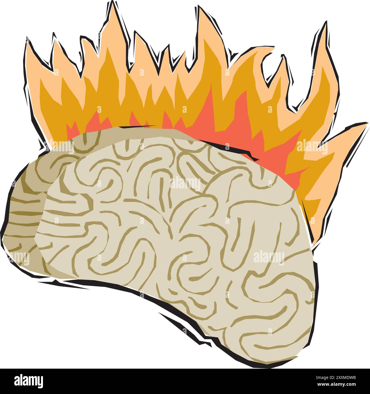 Icon human brain burns in flame. Concept logo migraine or stress ...