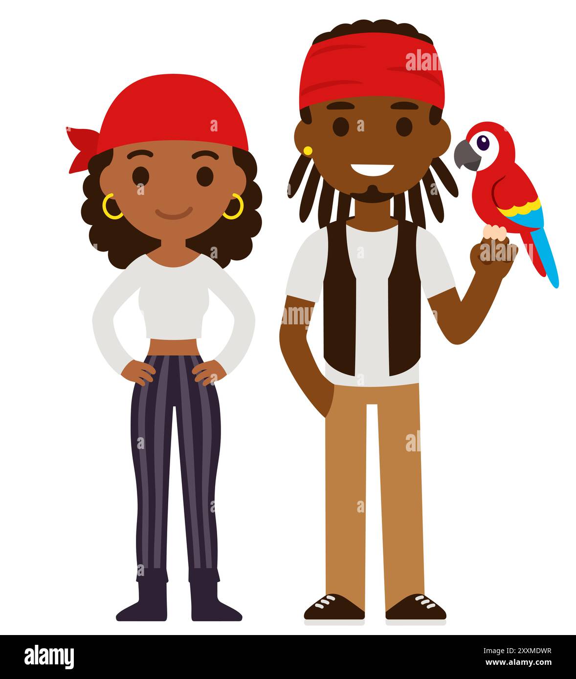 Cute cartoon Black pirate couple illustration. Young man and woman, pirate costume party. Flat ...