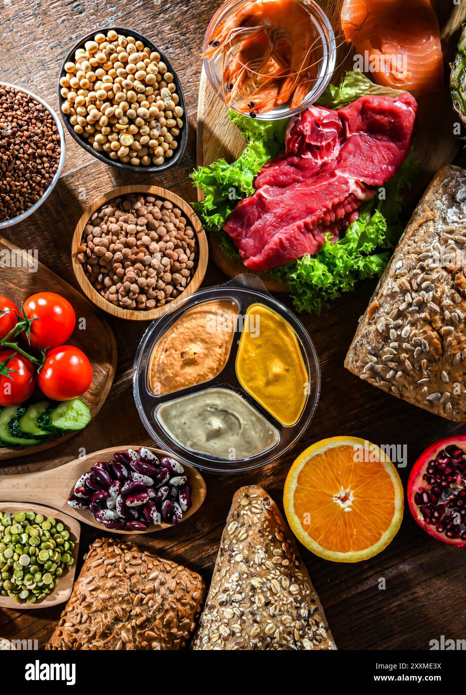 A variety of food products representing balanced diet Stock Photo - Alamy
