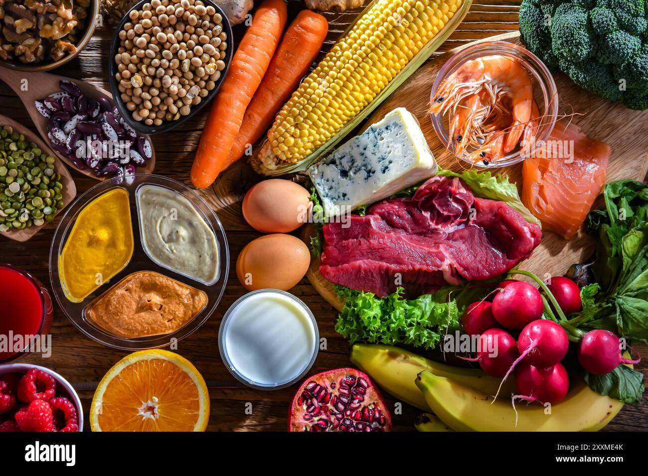 A variety of food products representing balanced diet Stock Photo - Alamy