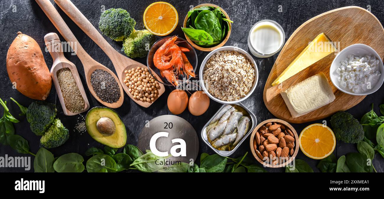 Composition with food products rich in calcium Stock Photo - Alamy