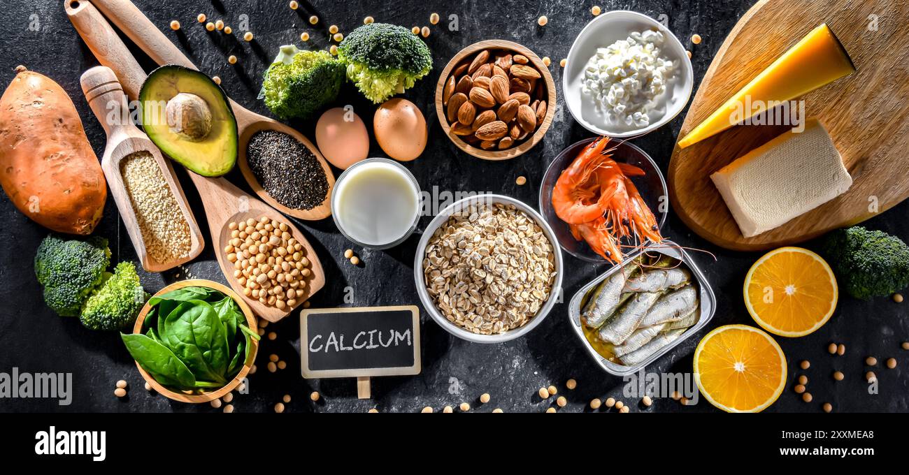 Composition with food products rich in calcium Stock Photo - Alamy