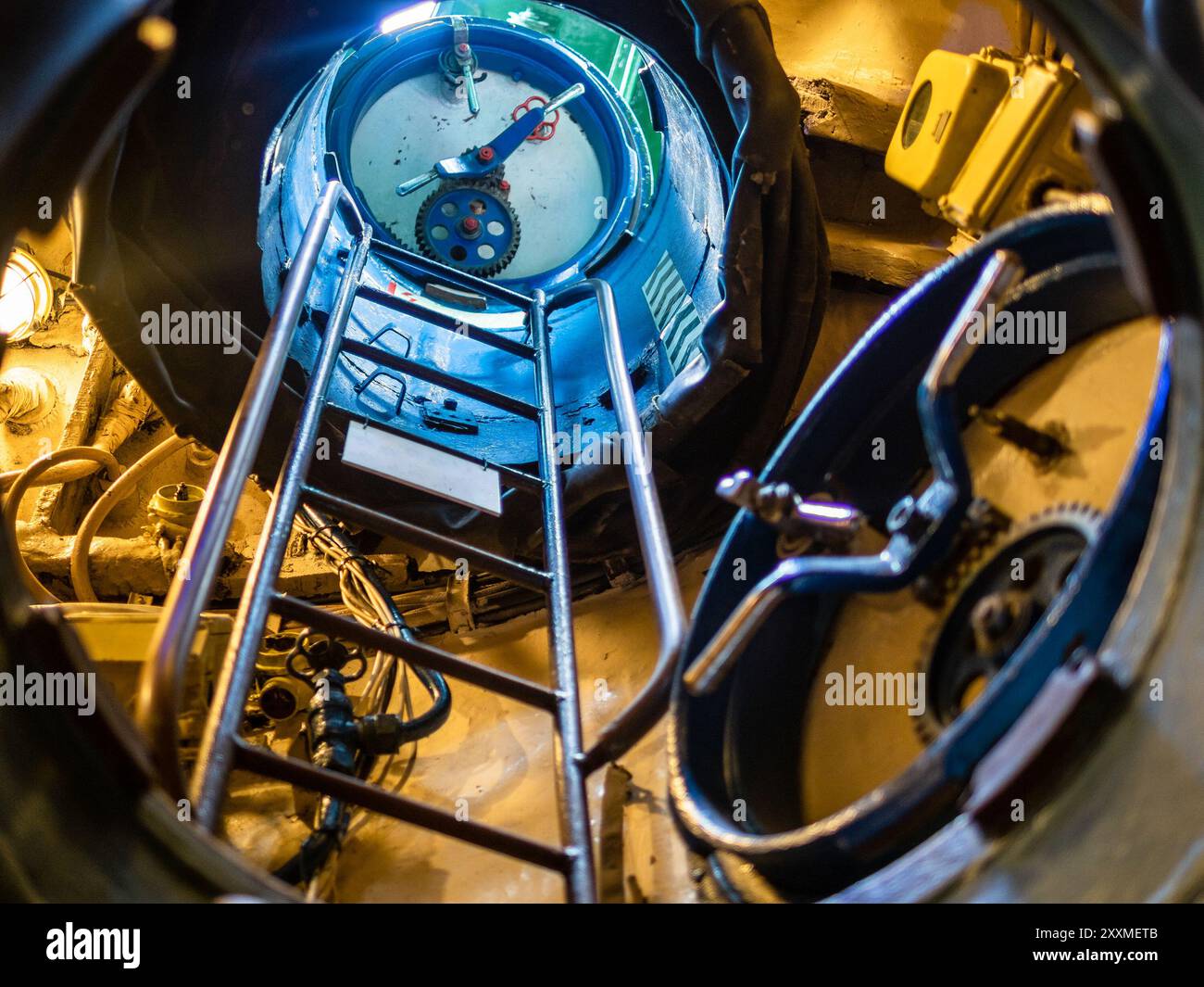 bottom view of battened hatch in old submarine in Kaliiningrad city ...