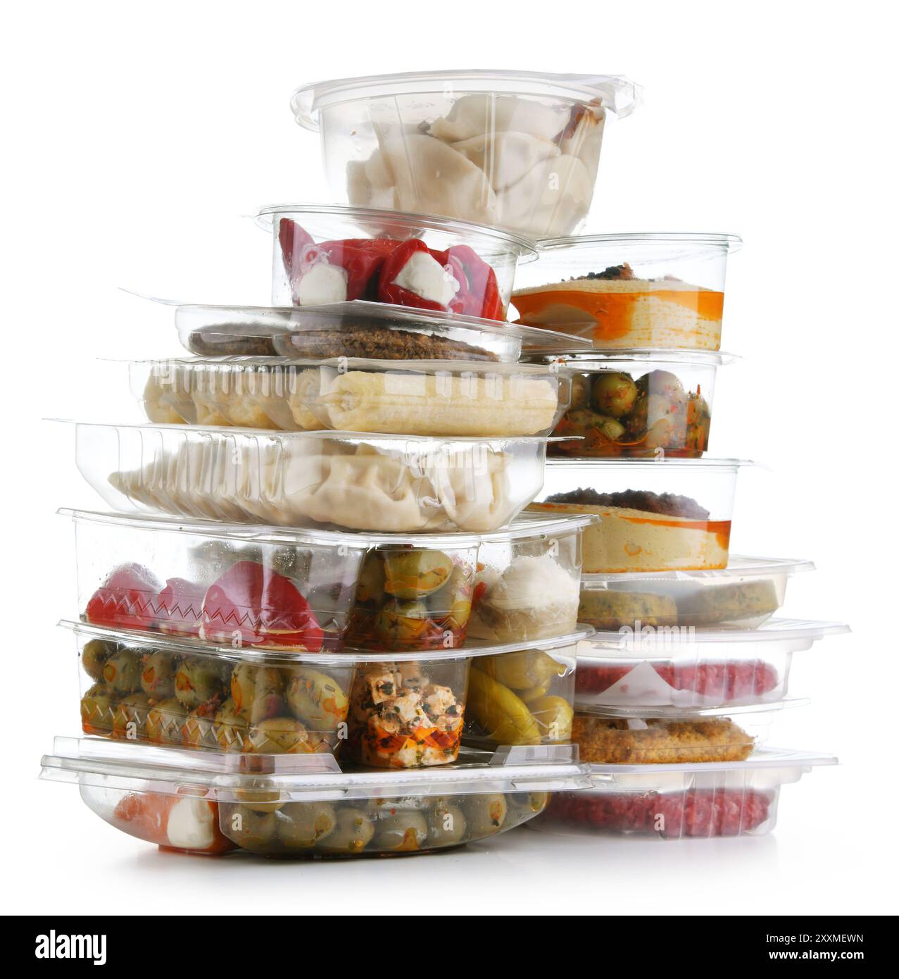 Variety of prepackaged food products in plastic boxes isolated on white ...