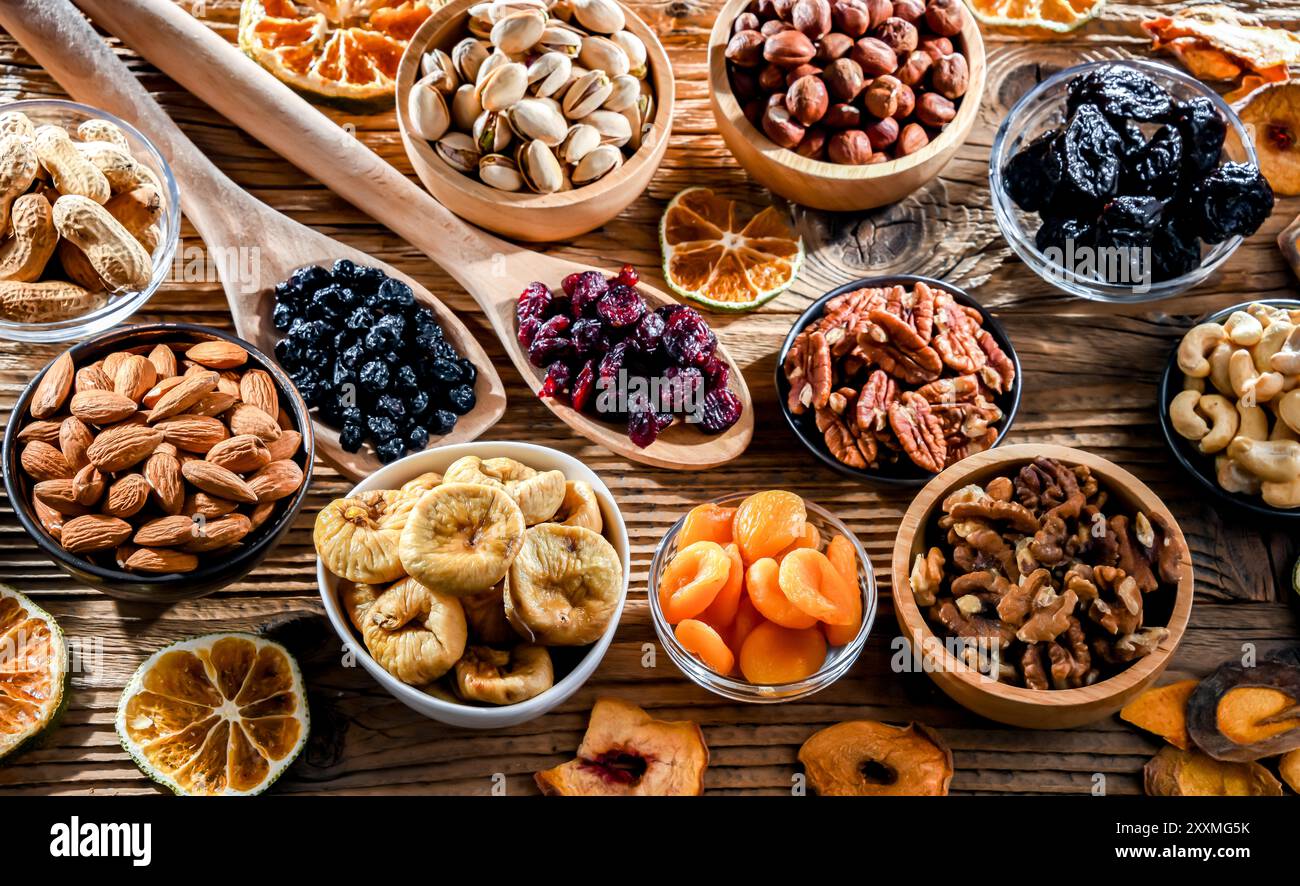 Composition with a variety of dried fruits and assorted nuts ...