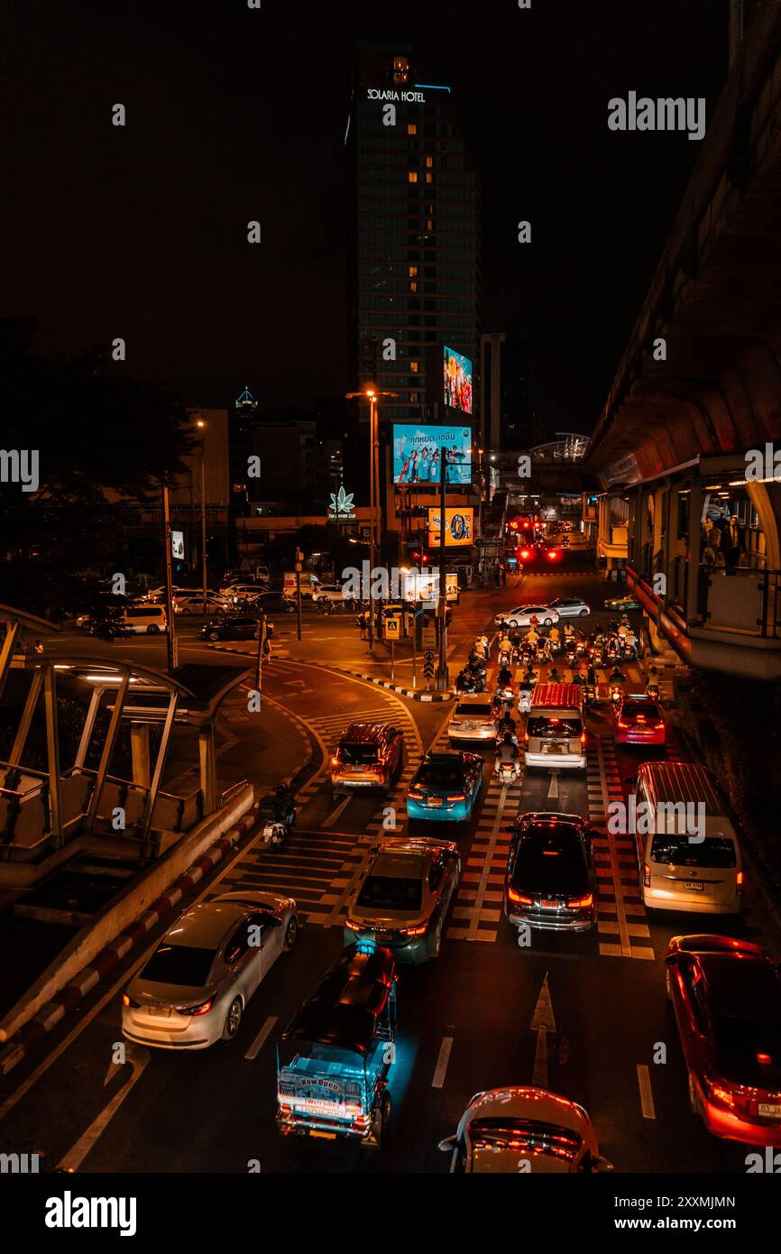 night city scenery in Bangkok and the pulsating life on the streets ...