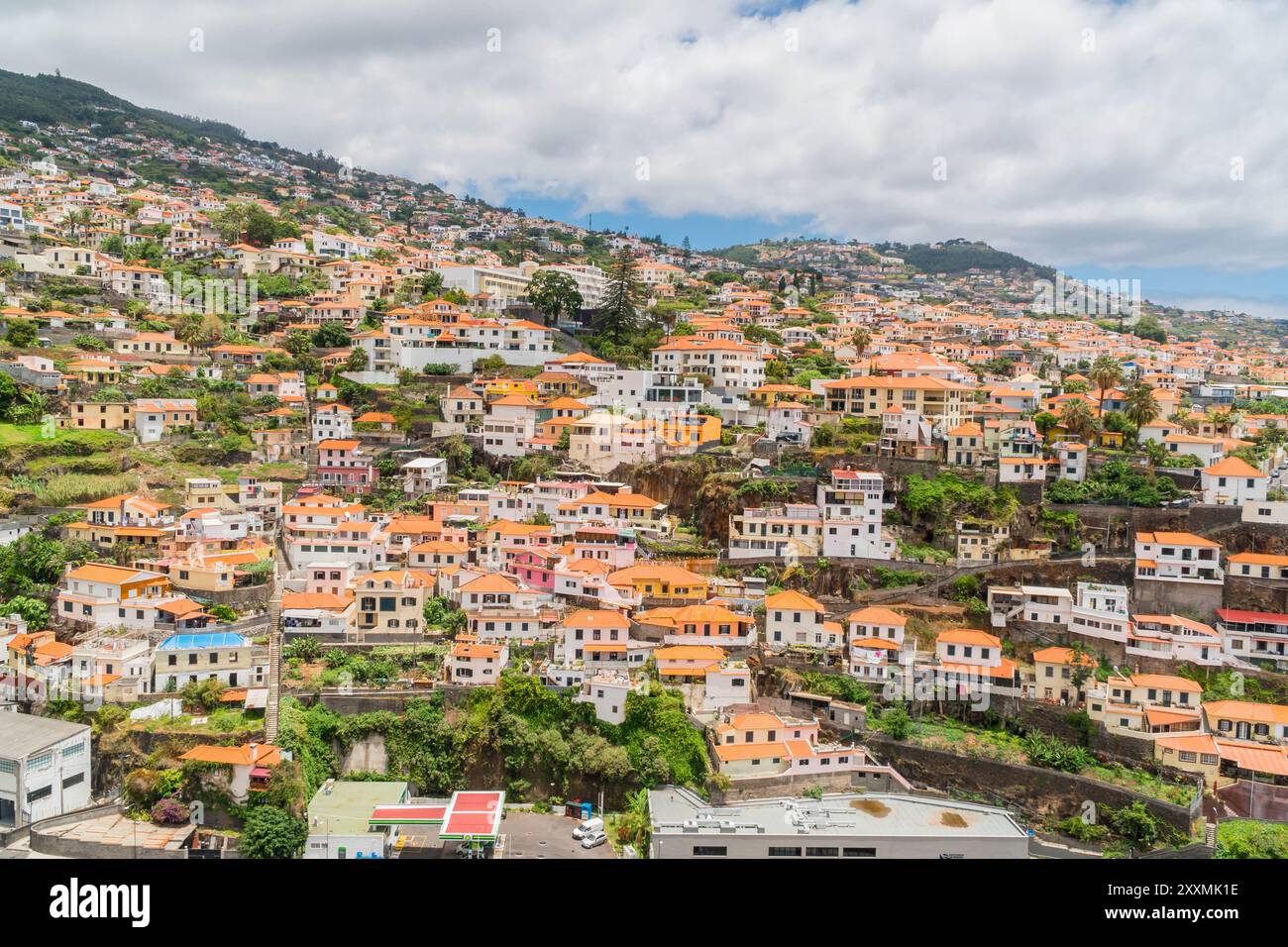 View across the terracotta roofs of Funchal from the Cable Car. Madeira ...