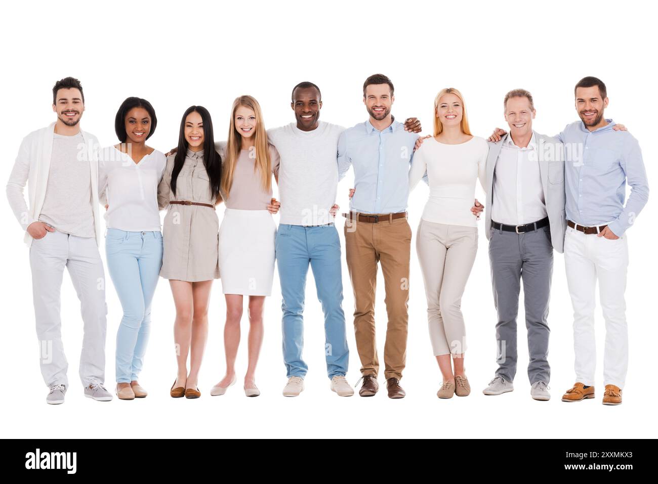 The best team ever. Full length of happy diverse group of people ...