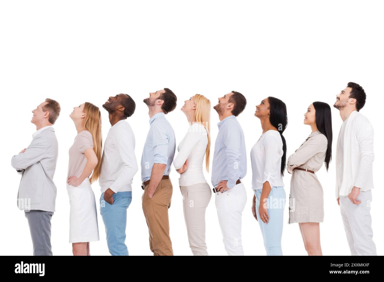 What is that? Side view of positive diverse group of people in smart ...