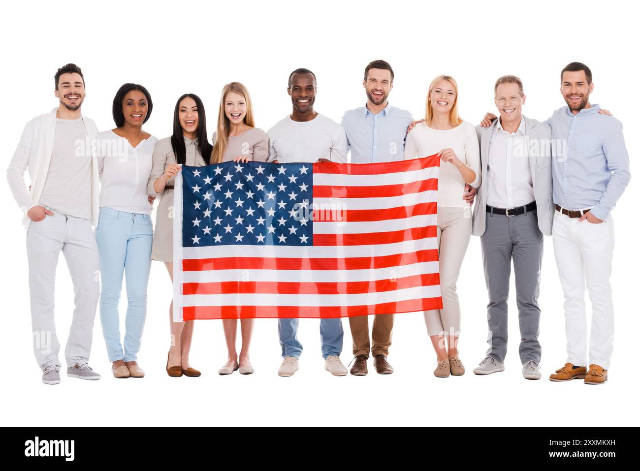 Team of America. Full length of happy diverse group of people bonding ...