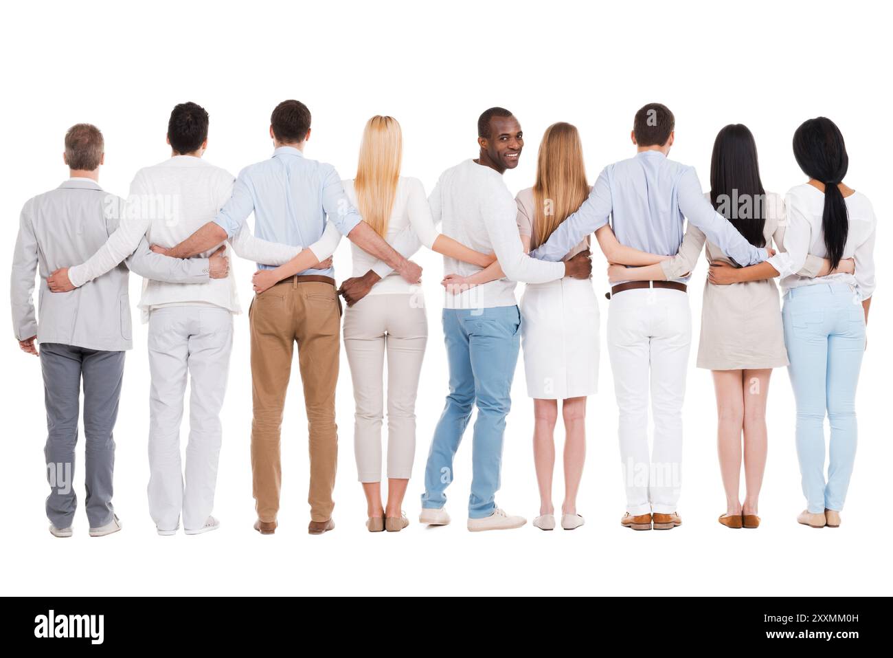 Happy to be in team. Full length rear view of group of diverse people ...