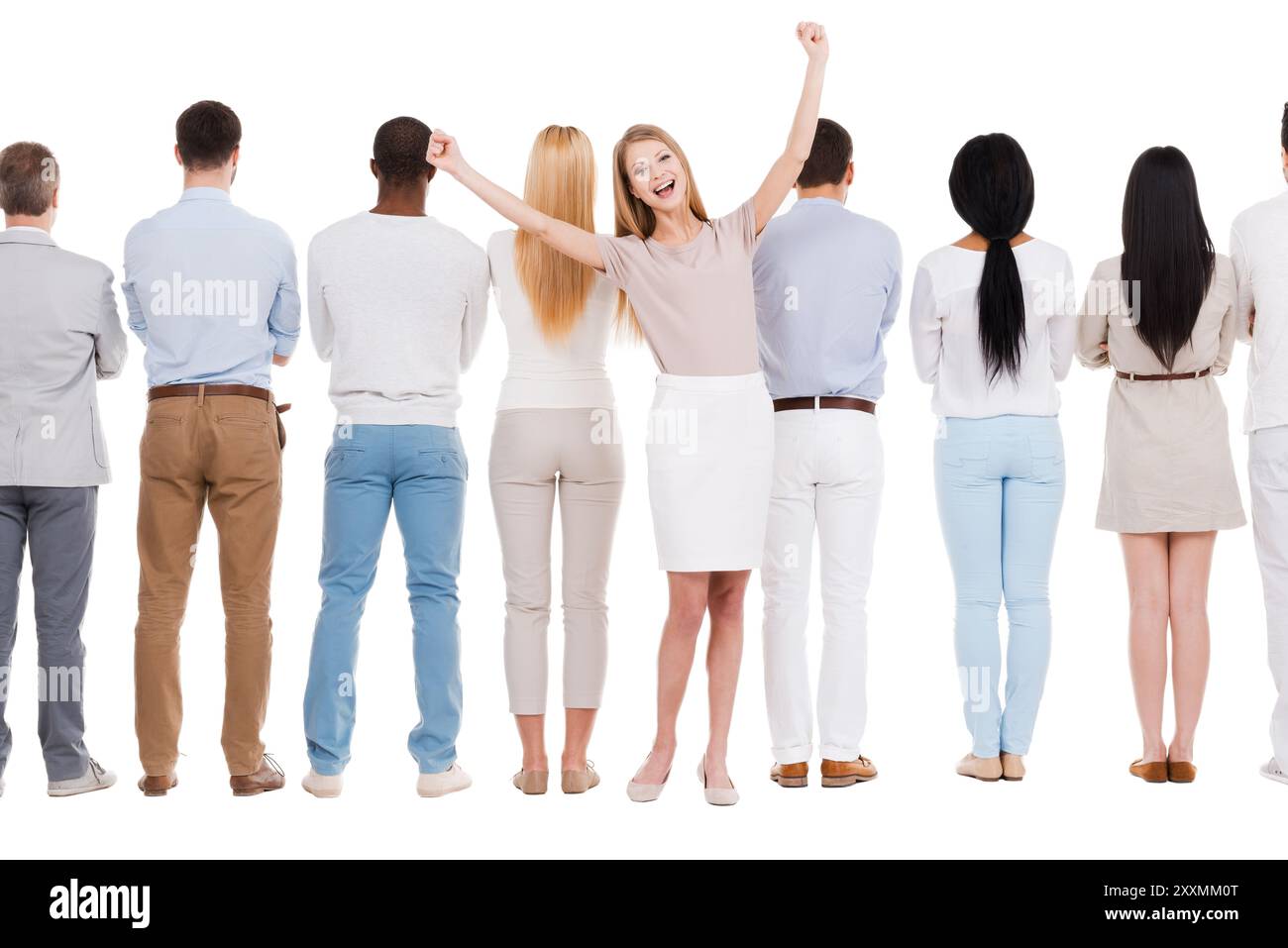 Everyday winner. Rear view of group of people standing in a row and ...