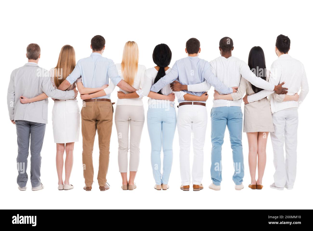 United team. Full length rear view of group of diverse people bonding ...