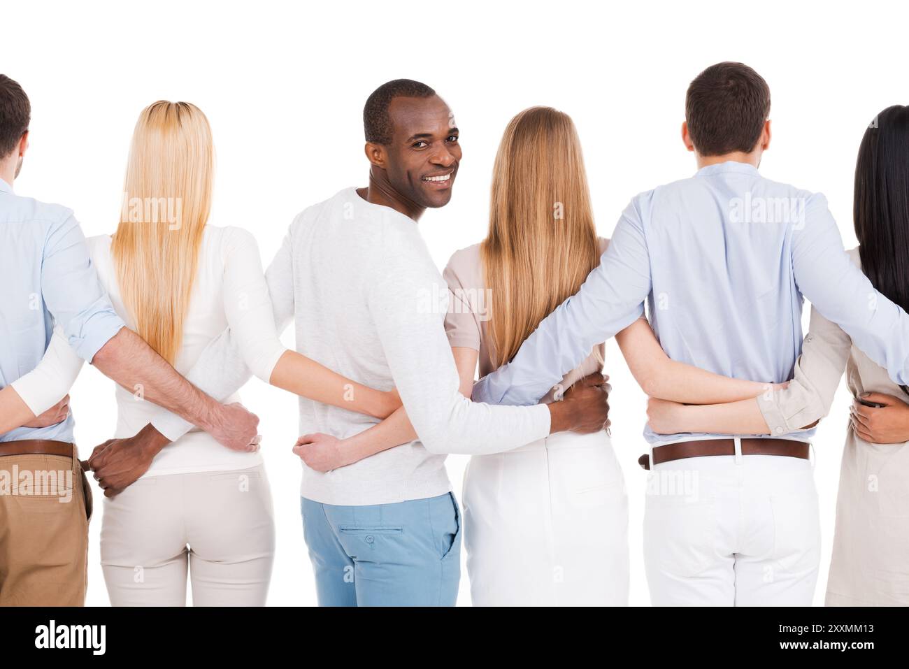 Together we are stronger! Rear view of group of diverse people bonding ...