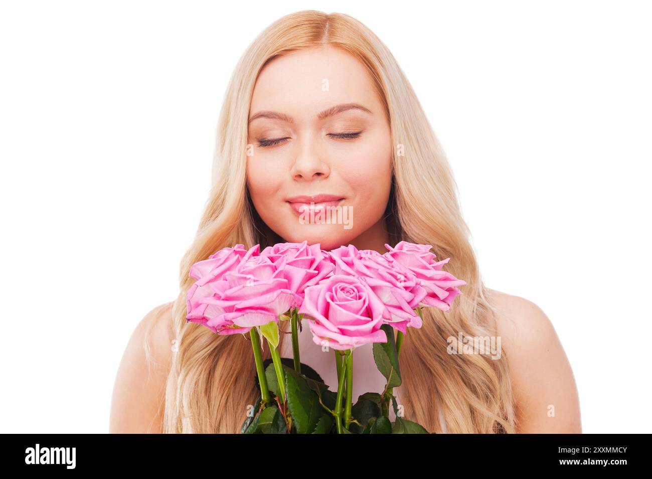 I love roses! Beautiful young blond hair woman holding bouquet with ...